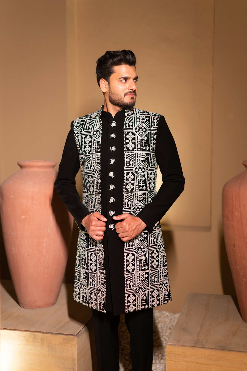 Rajwada 2-Piece Black Impoted Indo-Western & Velvet Sadri With White E