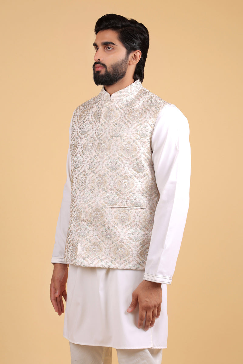 Royal Embroidered Linen Satin Sadri in Cream